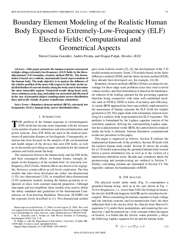 Pdf Boundary Element Modeling Of The Realistic Human Body Exposed To Extremely Low Frequency