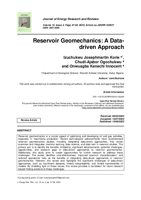 (PDF) Reservoir Geomechanics: A Data-driven Approach
