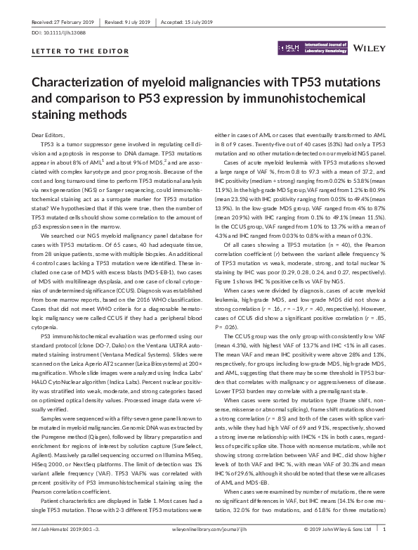 (PDF) Characterization of myeloid malignancies with TP53 mutations and comparison to P53 ...