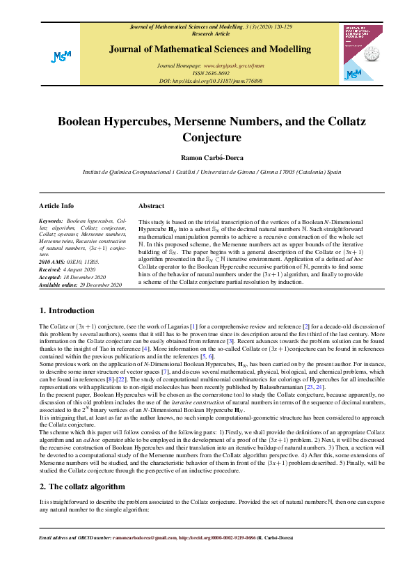 Pdf Boolean Hypercubes Mersenne Numbers And The Collatz Conjecture Ramon Carbó Dorca