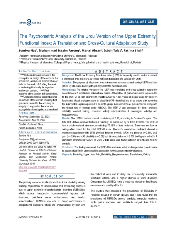 Pdf The Psychometric Analysis Of The Urdu Version Of The Upper Extremity Functional Index A