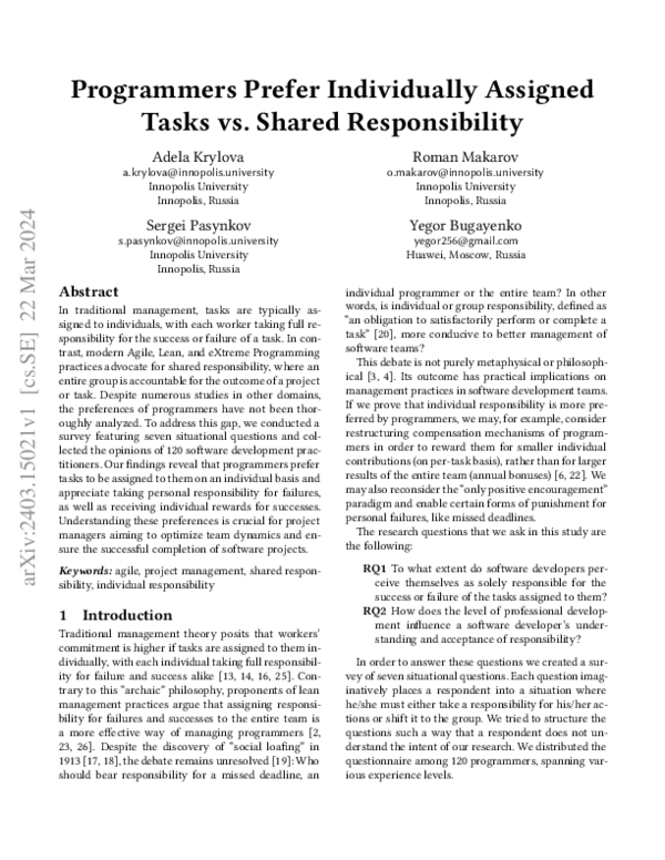 (PDF) Programmers Prefer Individually Assigned Tasks vs. Shared ...