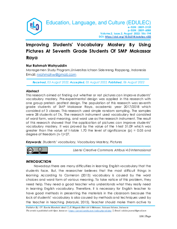 (PDF) Improving Students’ Vocabulary Mastery By Using Pictures At Seventh Grade Students Of SMP ...