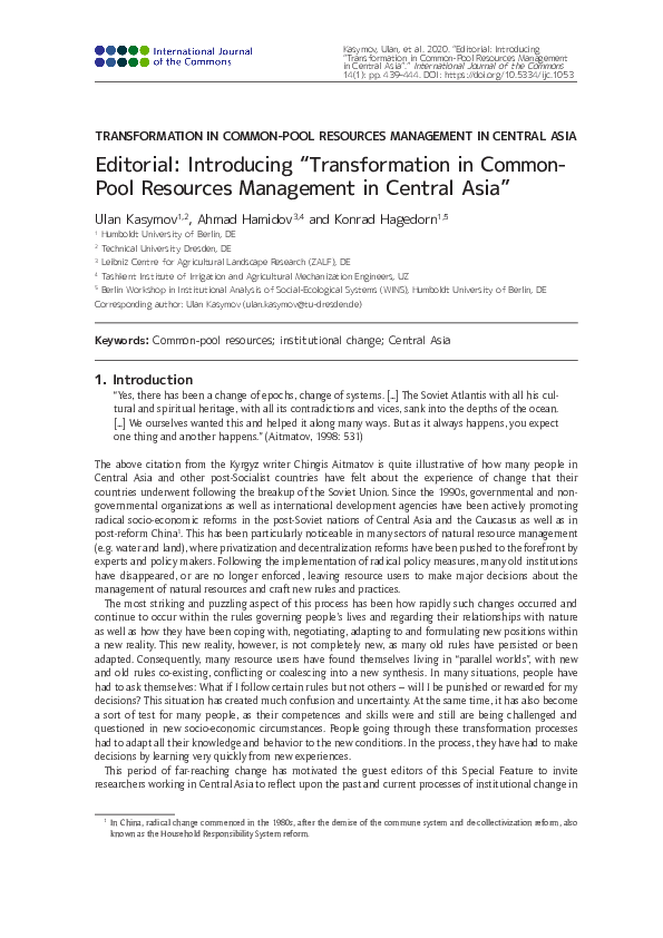 (PDF) Editorial: Introducing “Transformation in Common-Pool Resources ...