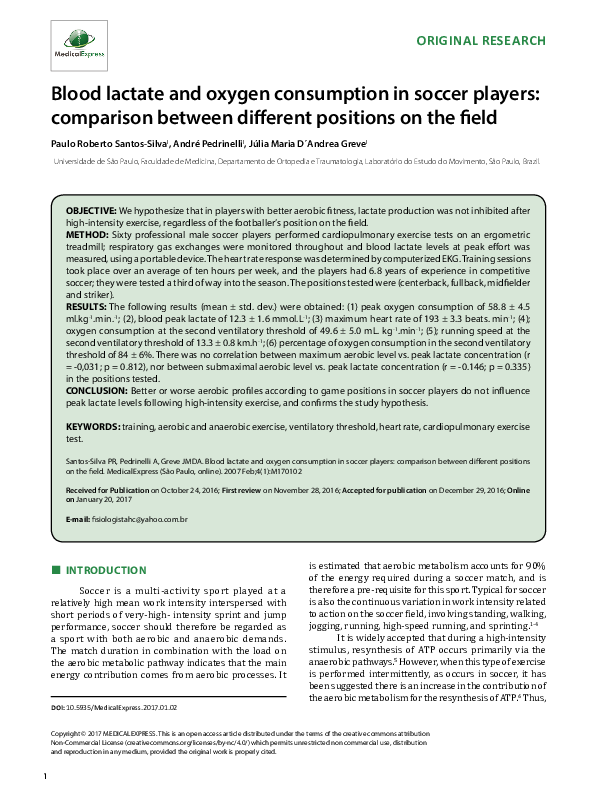(PDF) Blood lactate and oxygen consumption in soccer players ...