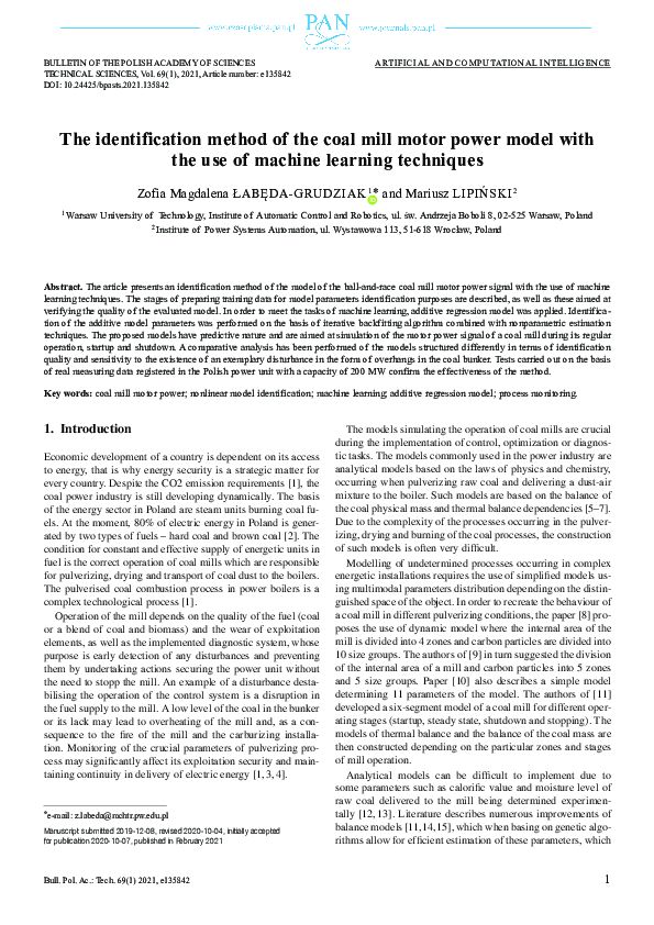 (PDF) The identification method of the coal mill motor power model with ...