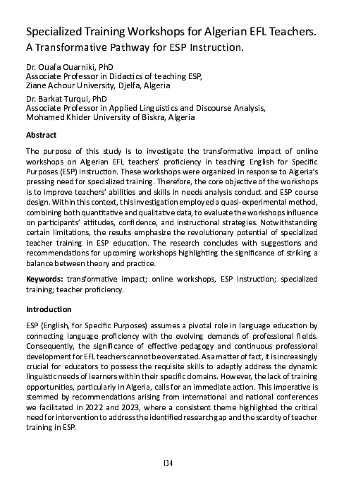 Specialized Training Workshops for Algerian EFL Teachers: A ...