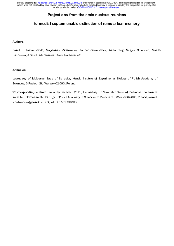 (PDF) Projections from thalamic nucleus reuniens to medial septum ...