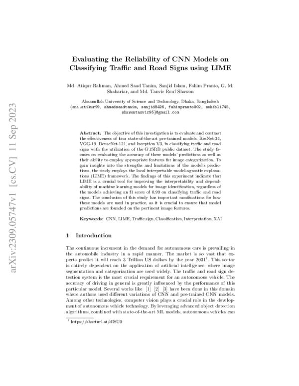 Pdf Evaluating The Reliability Of Cnn Models On Classifying Traffic And Road Signs Using Lime