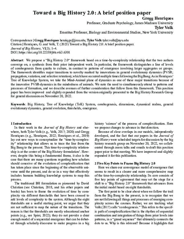 (PDF) Toward a Big History 2.0: A brief position paper
