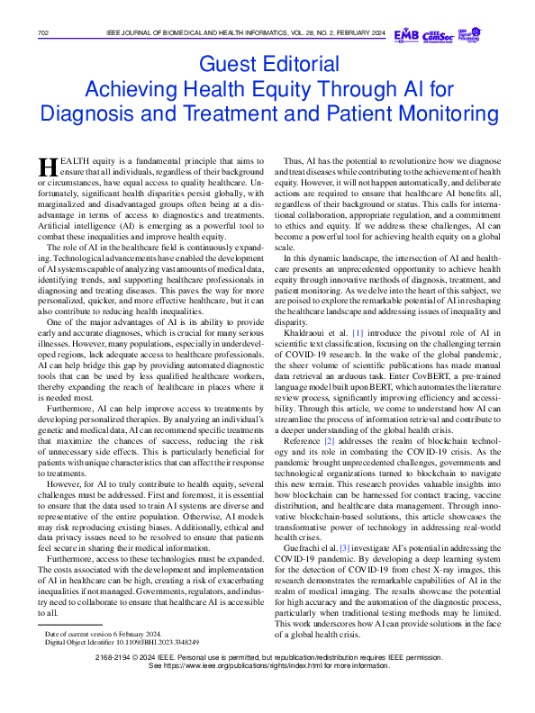 (PDF) Guest Editorial Achieving Health Equity Through AI for Diagnosis and Treatment and Patient ...