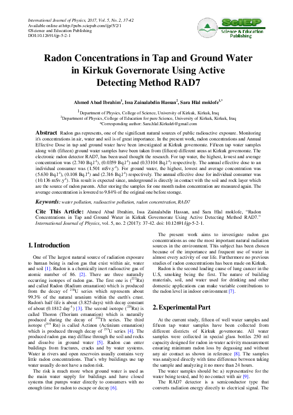 (PDF) Radon Concentrations in Tap and Ground Water in Kirkuk ...