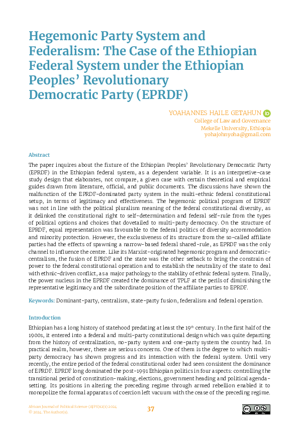 (PDF) Hegemonic Party System and Federalism : Ethiopian Federal System