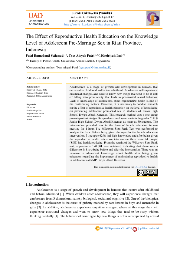 (PDF) The Effect of Reproductive Health Education on the Knowledge Level of Adolescent Pre ...