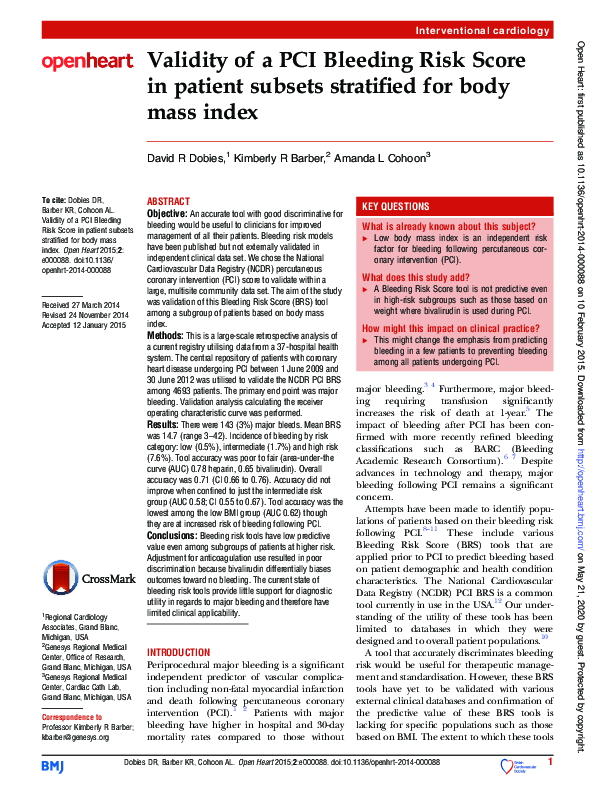 (PDF) Validity of a PCI Bleeding Risk Score in patient subsets ...
