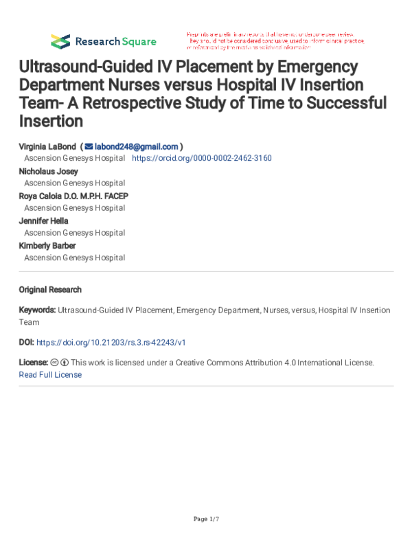 (PDF) Ultrasound-Guided IV Placement by Emergency Department Nurses ...