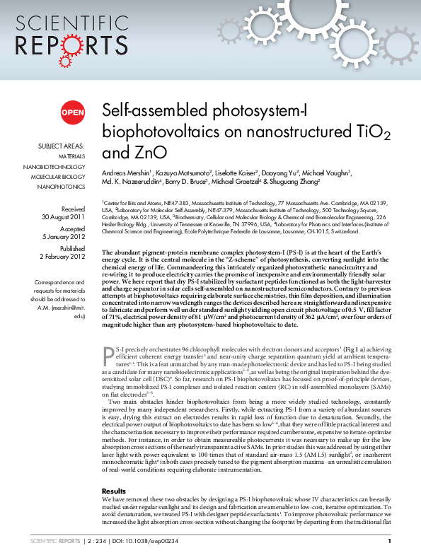 (PDF) Self-assembled photosystem-I biophotovoltaics on nanostructured TiO2 and ZnO