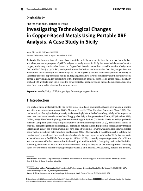 (PDF) Investigating Technological Changes in Copper-Based Metals Using Portable XRF Analysis. A ...