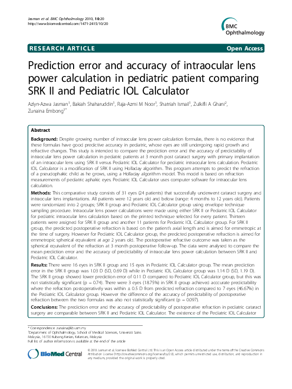 (PDF) Prediction error and accuracy of intraocular lens power calculation in pediatric patient ...