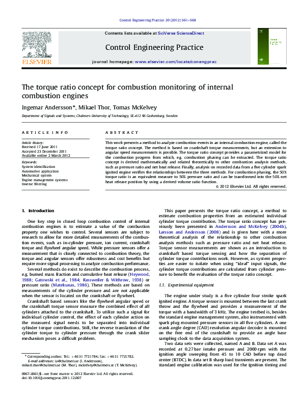 (PDF) The torque ratio concept for combustion monitoring of internal combustion engines