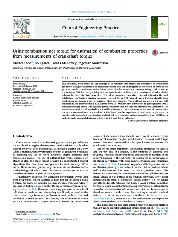 (PDF) Using combustion net torque for estimation of combustion properties from measurements of ...
