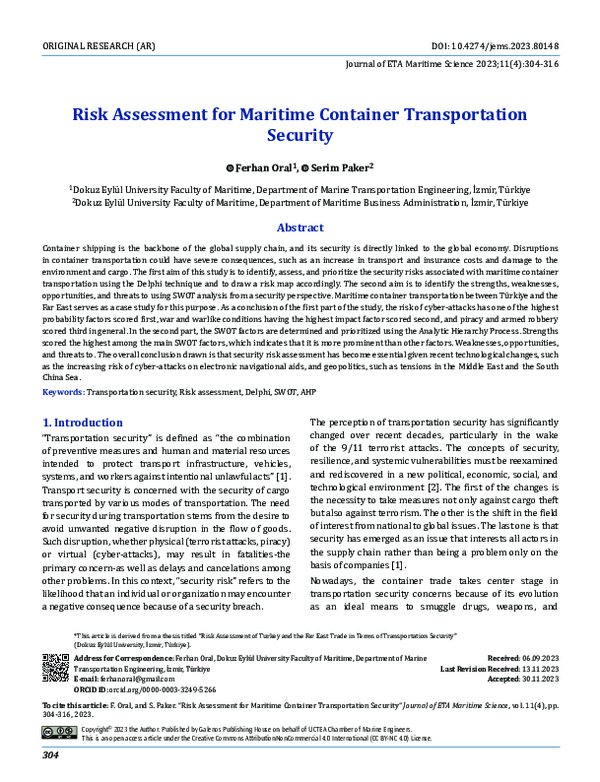 (PDF) Risk Assessment for Maritime Container Transportation Security