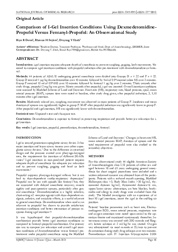 (PDF) COMPARISON OF I-GEL INSERTION CONDITIONS USING DEXMEDETOMIDINE ...
