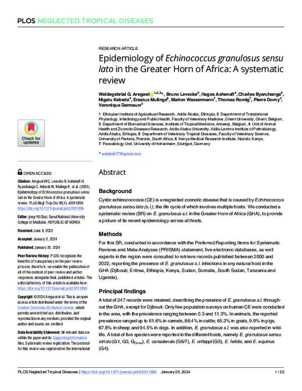 (PDF) Epidemiology of Echinococcus granulosus sensu lato in the Greater Horn of Africa: A ...