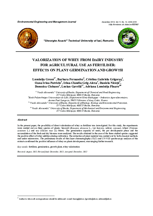 (PDF) Valorization of Whey from Dairy Industry for Agricultural Use as Fertiliser: Effects on ...