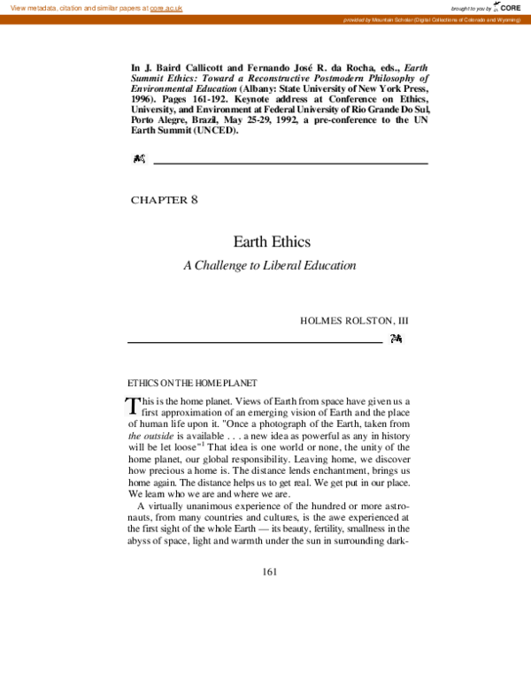 (PDF) Earth Ethics: a challenge to liberal education
