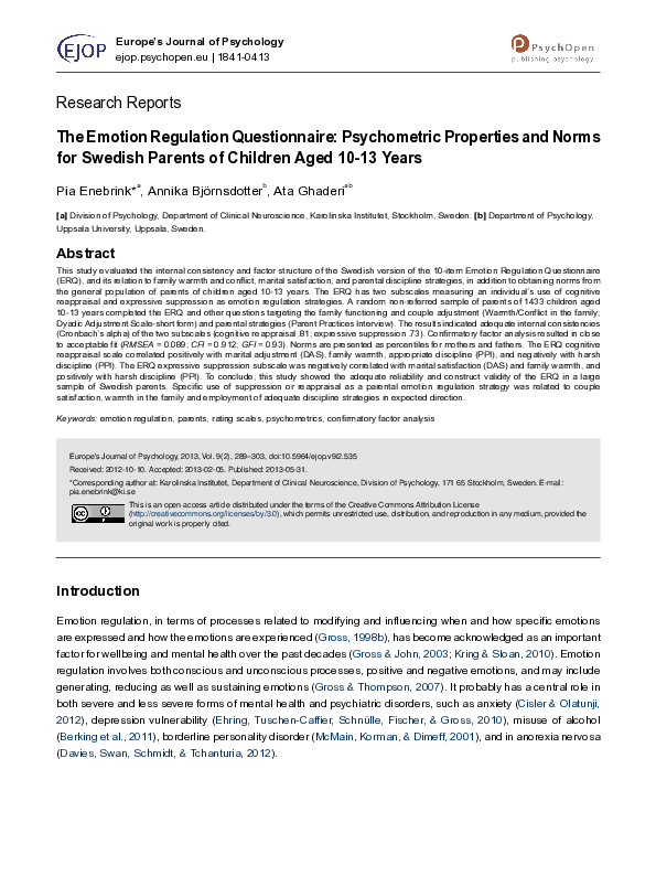 (PDF) The Emotion Regulation Questionnaire: Psychometric Properties and Norms for Swedish ...