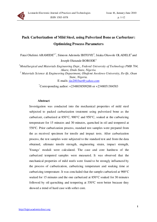 (PDF) Pack Carburization of Mild Steel, using Pulverized Bone as
