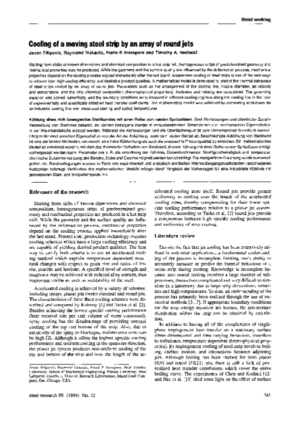 (PDF) Cooling of a moving steel strip by an array of round jets | Jovan ...