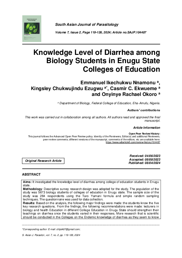 (PDF) Knowledge Level of Diarrhea among Biology Students in Enugu State ...