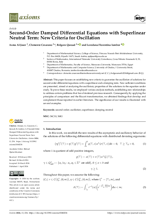 Pdf Second Order Damped Differential Equations With Superlinear Neutral Term New Criteria For