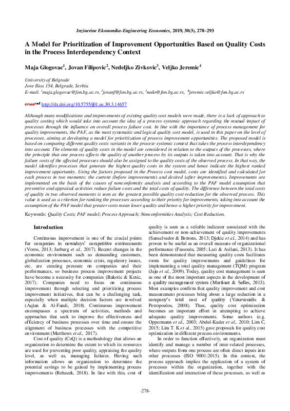 (PDF) A Model for Prioritization of Improvement Opportunities Based on Quality Costs in the ...