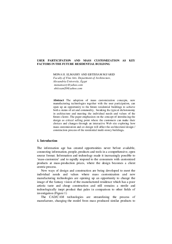(PDF) User Participation and Mass Customization as Key Factors in the ...