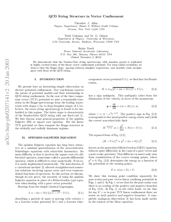 (PDF) QCD string structure in vector confinement | Martin Olsson - Academia.edu