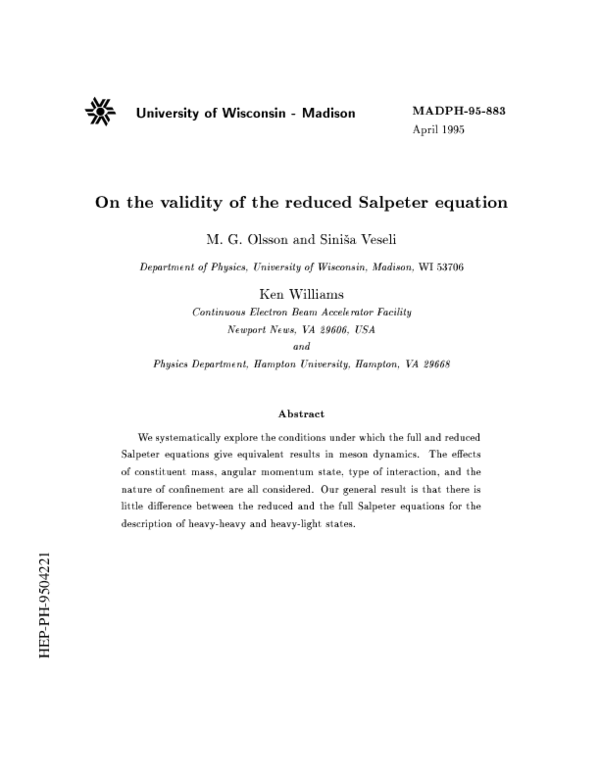 (PDF) Validity of the reduced Salpeter equation