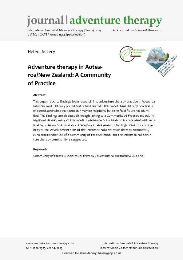 (PDF) Adventure therapy in Aotearoa/ New Zealand: A Community of Practice