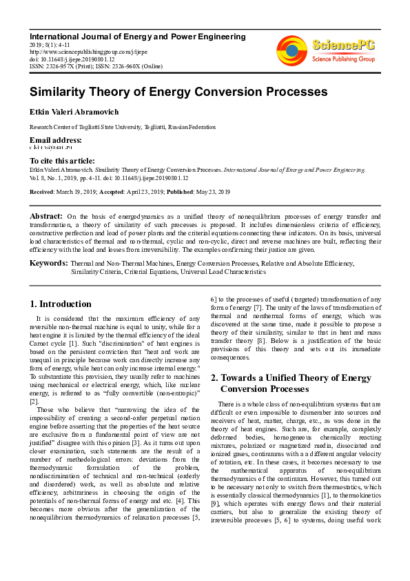 (PDF) Similarity Theory of Energy Conversion Processes