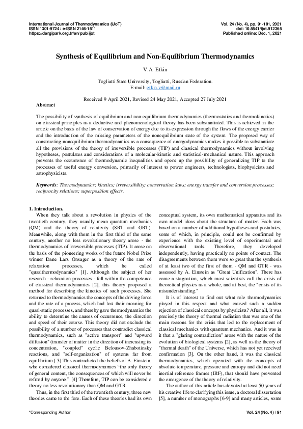(PDF) Synthesis of Equilibrium and Non-Equilibrium Thermodynamics