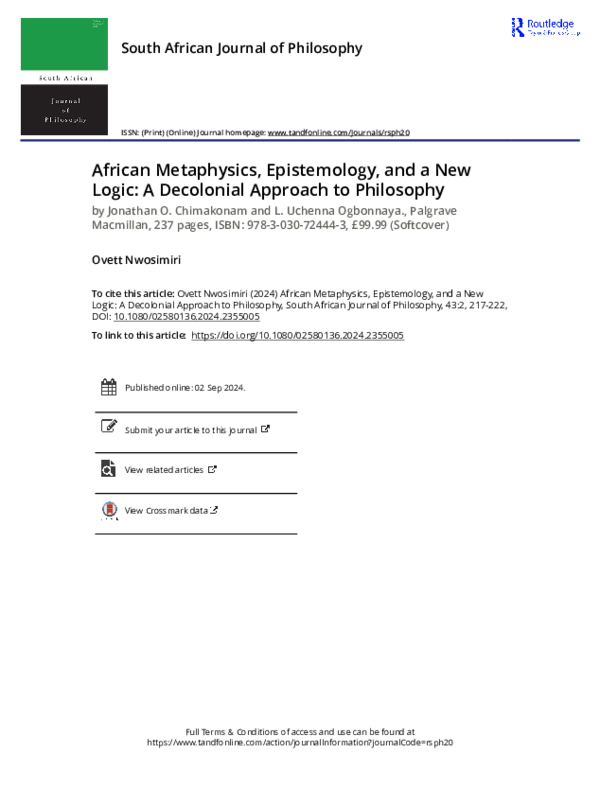 (PDF) African Metaphysics Epistemology and a New Logic A Decolonial ...