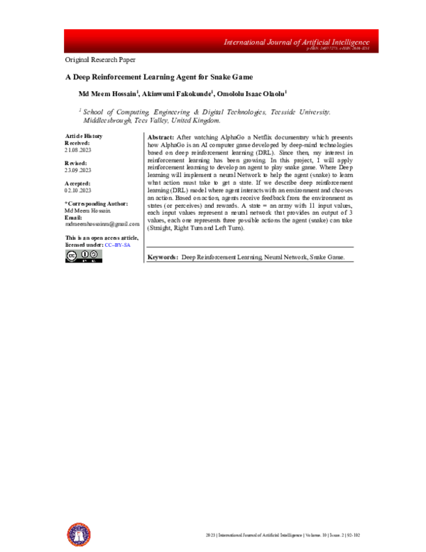 (PDF) A Deep Reinforcement Learning Agent for Snake Game