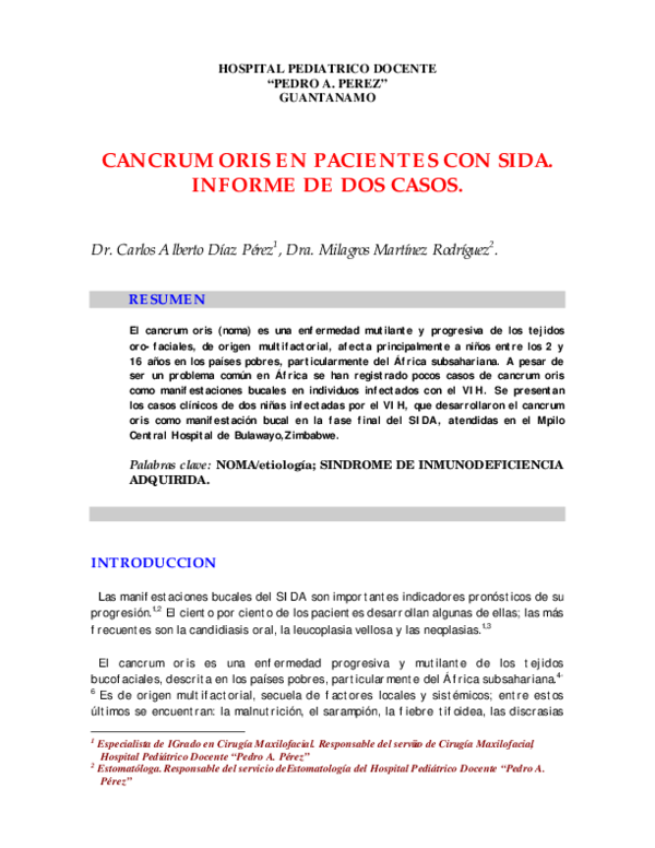 (PDF) Cancrum oris en pacientes con sida. Informe de dos casos