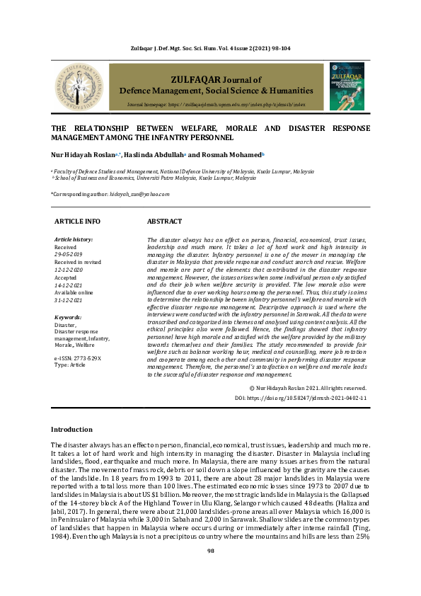 (PDF) The Relationship Between Welfare, Morale and Disaster Response ...