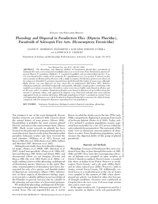 (PDF) Phenology and Dispersal in Pseudacteon Flies (Diptera: Phoridae), Parasitoids of ...