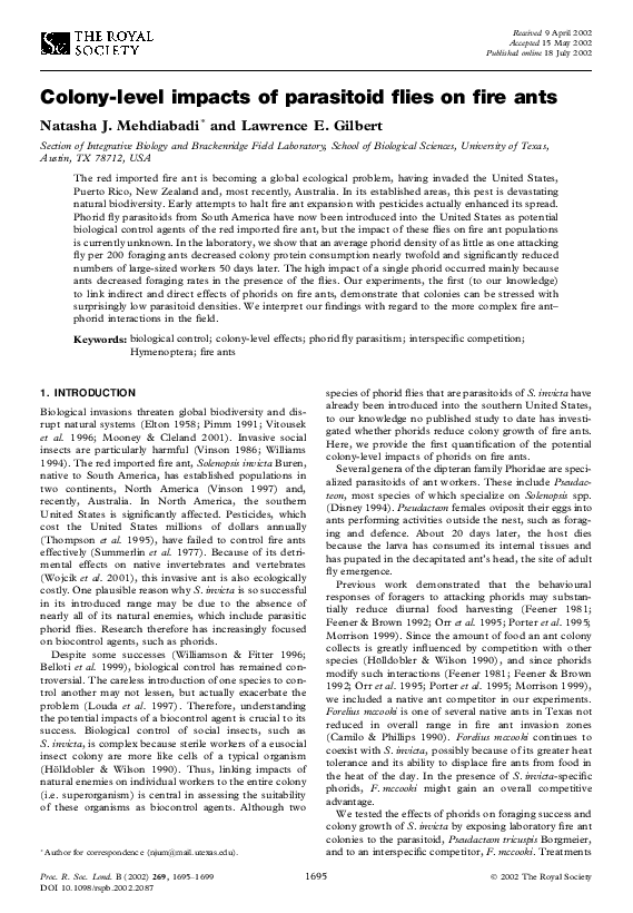 (PDF) Colony–level impacts of parasitoid flies on fire ants