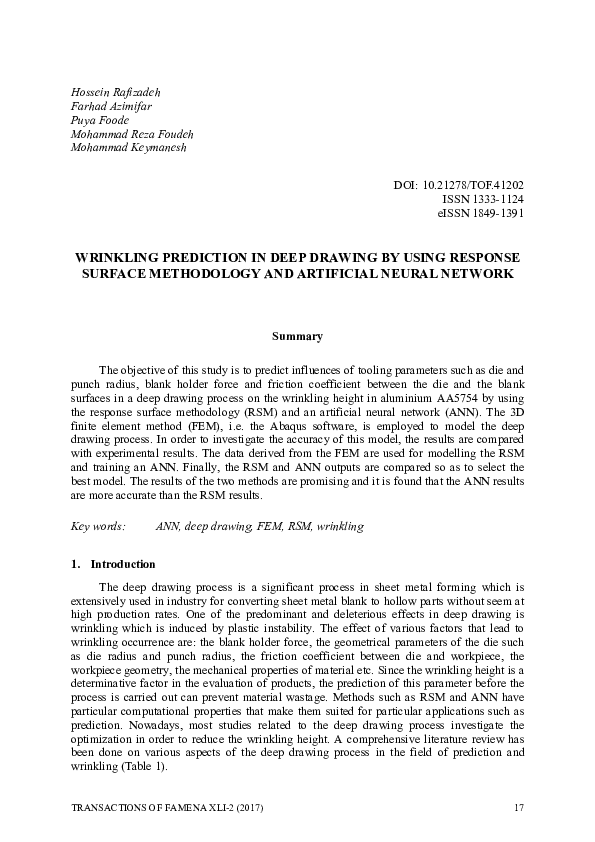 (PDF) Wrinkling Prediction in Deep Drawing by Using Response Surface Methodology and Artificial ...