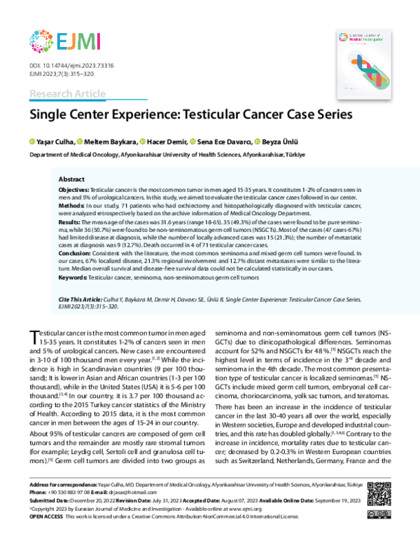 (PDF) Single Center Experience: Testicular Cancer Case Series
